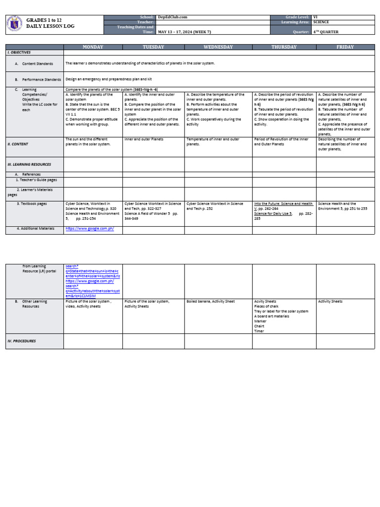 DLL - Science 6 - Q4 - W7 | PDF | Planets | Planets In Astrology