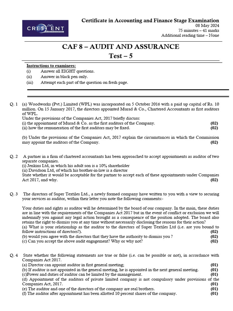 CAF8 Test 5 | PDF | Audit | Accountant