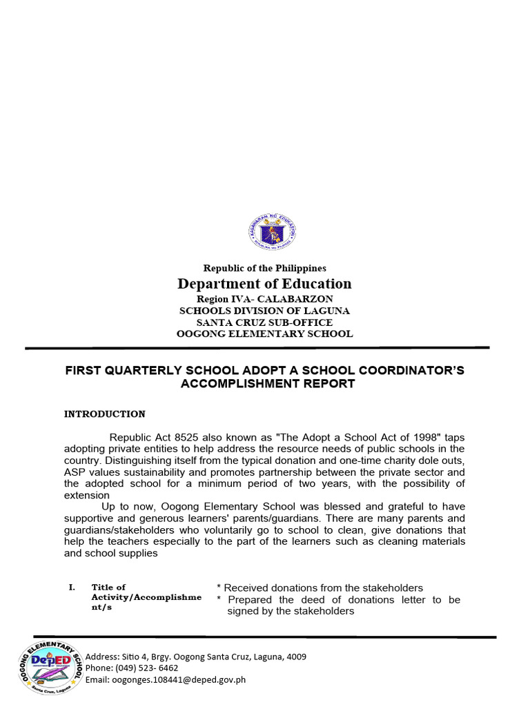 ACCOMPLISHMENT-REPORT-FIRST-QUARTER-2024-IN-adopt a school | PDF