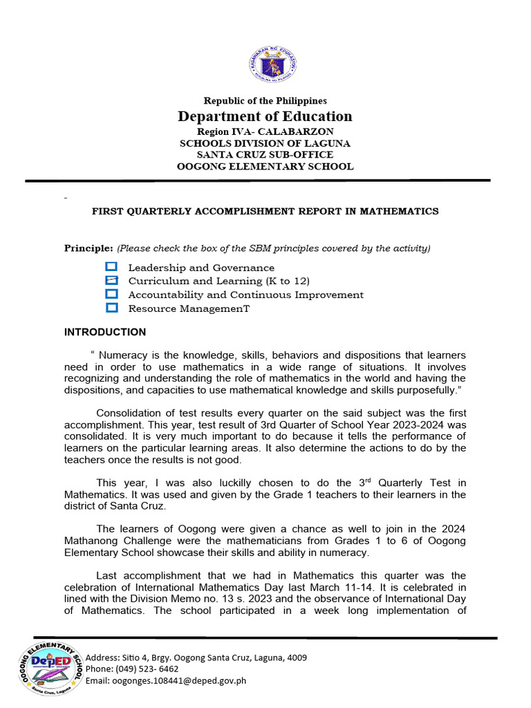 ACCOMPLISHMENT REPORT FIRST QUARTER 2024 - Mathematics | PDF | Learning ...