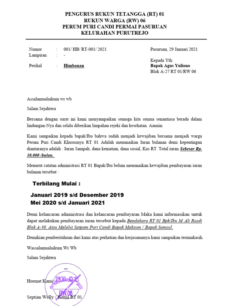 Surat Tagihan Iuran Bulanan | PDF