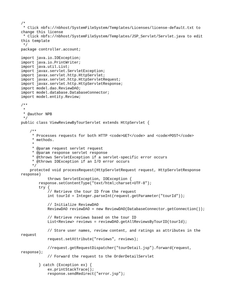 ViewReviewByTourServlet | PDF | Software Development | Computing