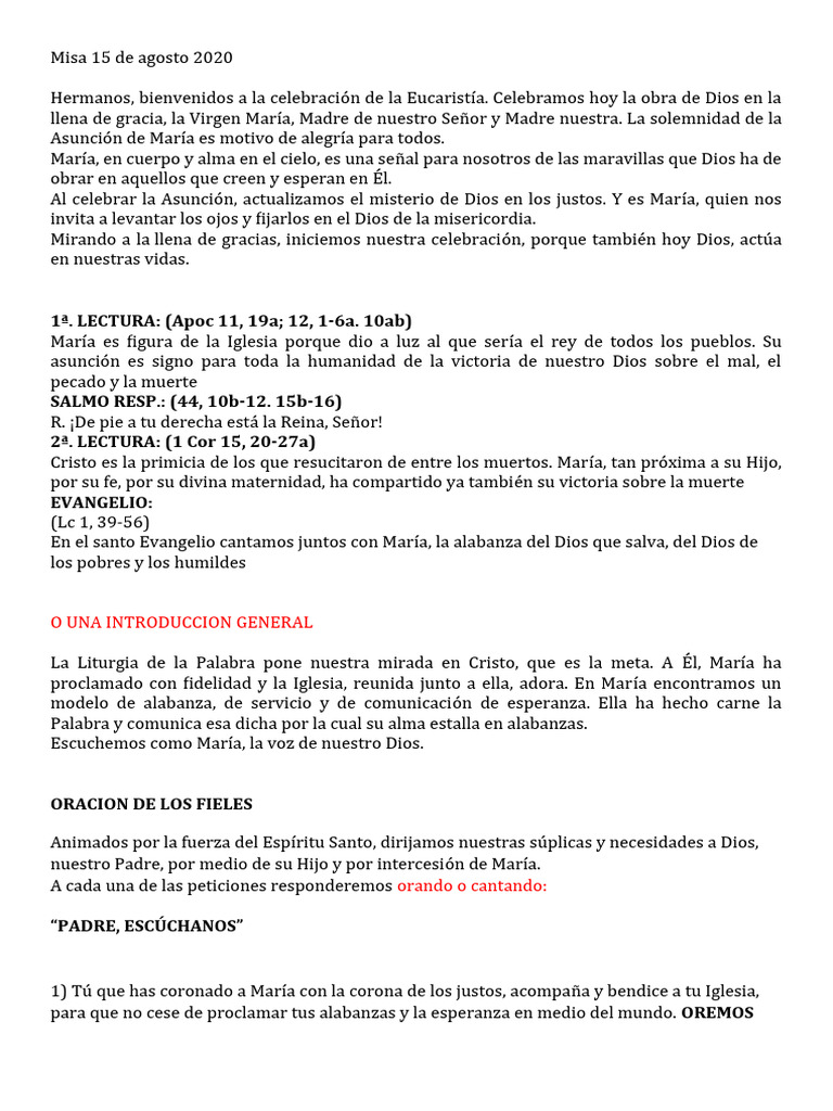 Guion Misa 15 Agosto 2020 | Descargar gratis PDF | María, madre de ...
