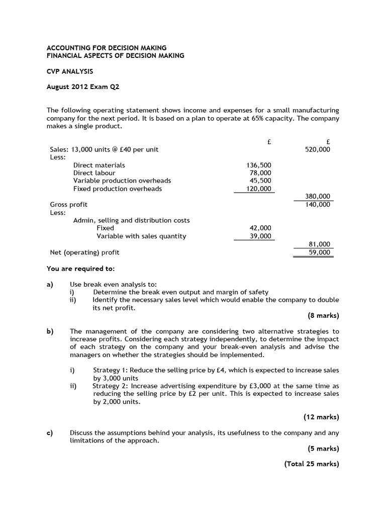 FADM CVP Analysis Question Aug 12 Q2 With Answer | PDF | Business | Financial Accounting