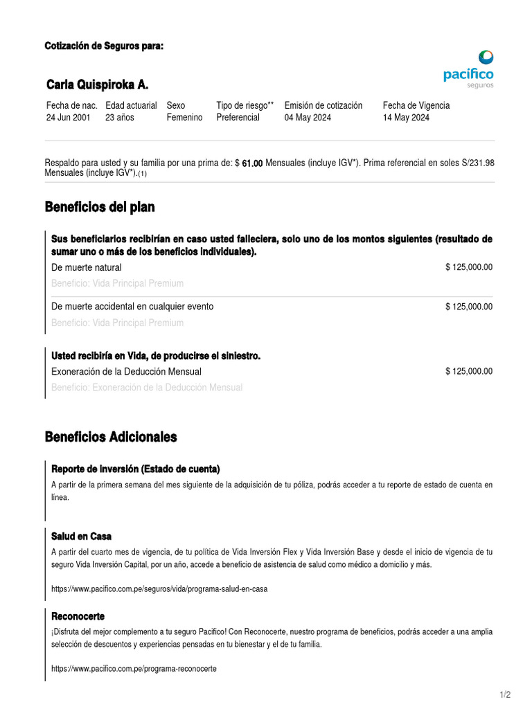 Beneficios Vida Inversiòn Flex Carla | PDF | Póliza de seguros
