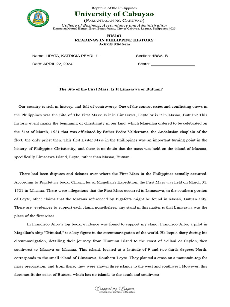 The First Mass in The Philippines: Is It Limasawa or Butuan? | PDF