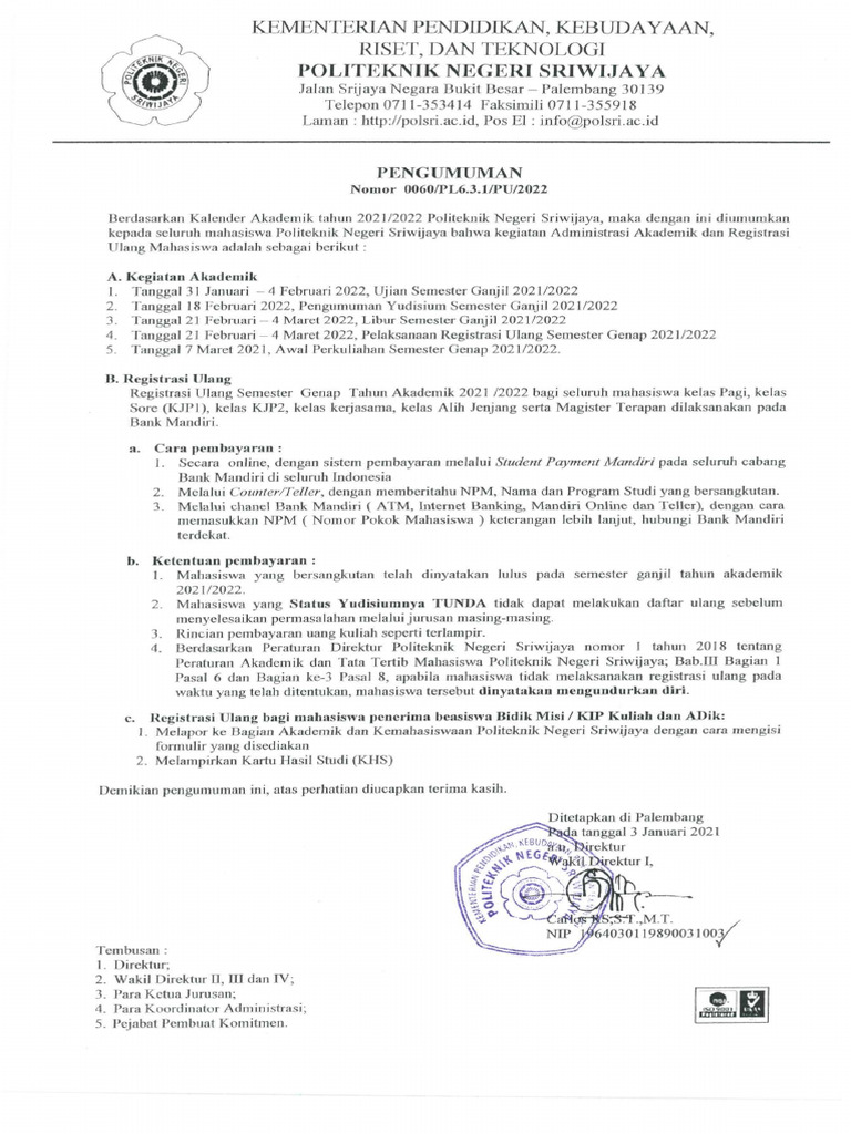 Pengumuman Pembayaran Registrasi 20212 | PDF