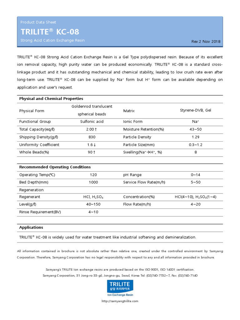 CATION TRILITE KC-08 HÀN QUỐC | PDF | Ion Exchange | Physical Sciences