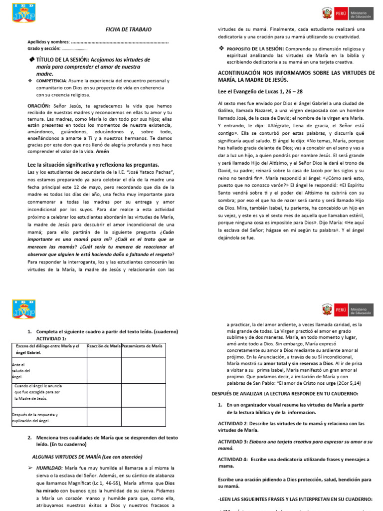 Ficha-Virtudes de Maria-2º Año | Descargar gratis PDF | María, madre de Jesús | Amor