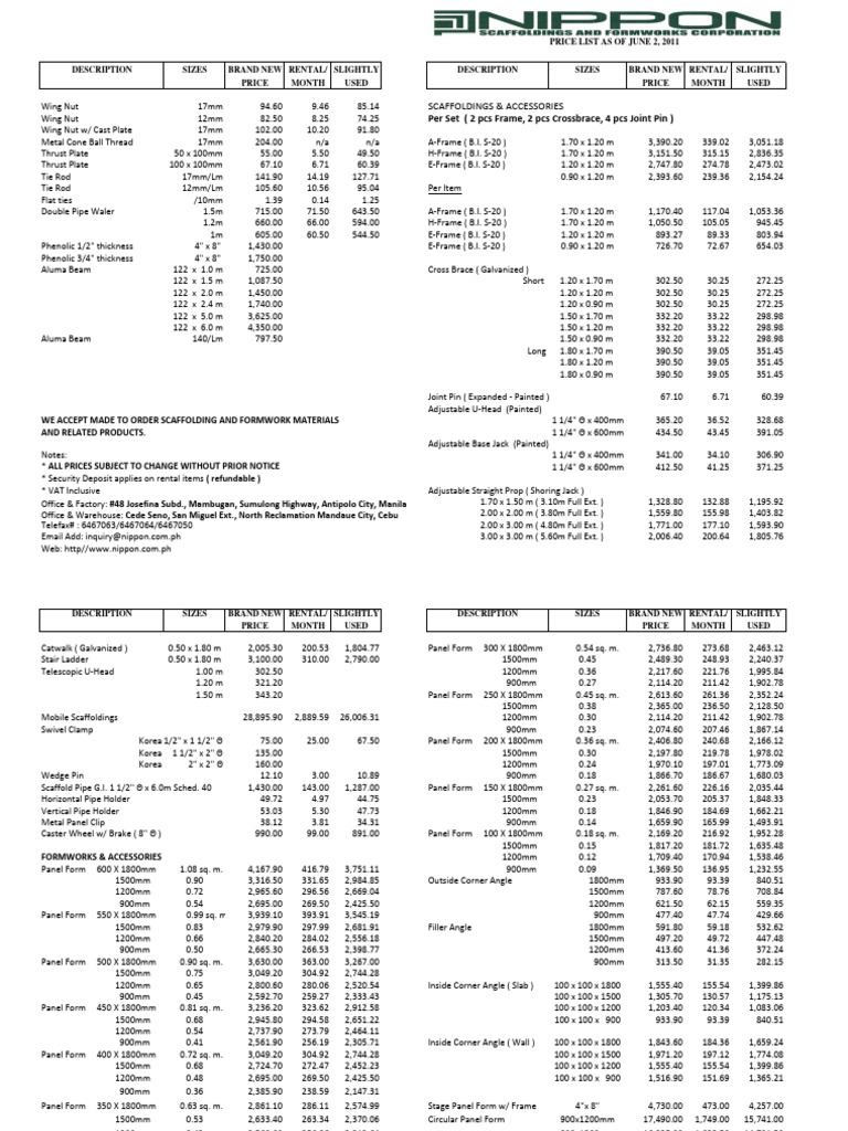 NSFC Price List - Manila Branch 2 - PDF 1 | PDF | Scaffolding
