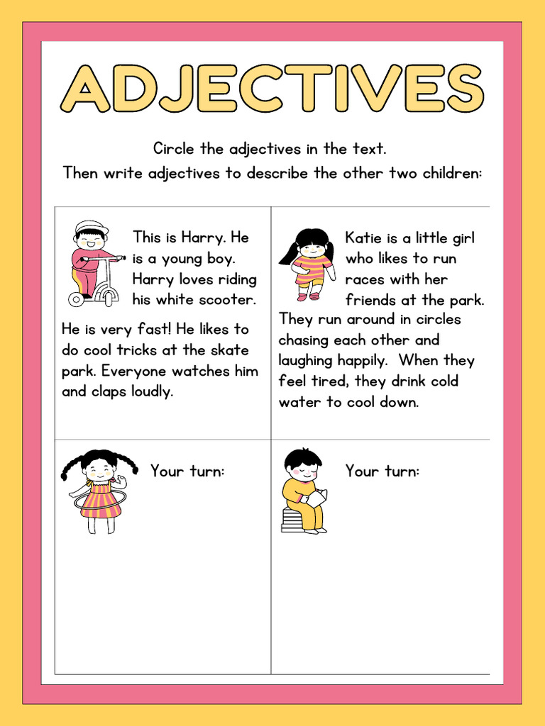 Adjectives English Worksheet Pink Yellow Children | PDF