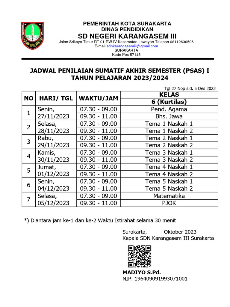 Jadwal Psas I 2023 2024 Kelas 6 | PDF