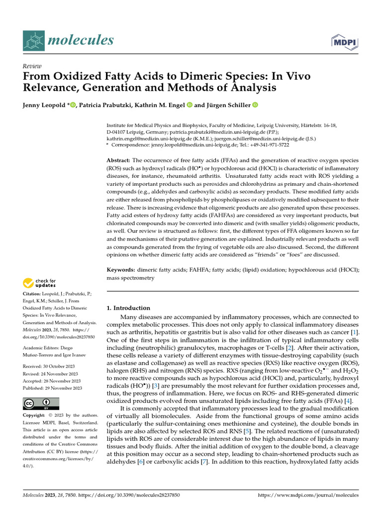 From Oxidized Fatty Acids To Dimeric Species: in Vivo Relevance ...
