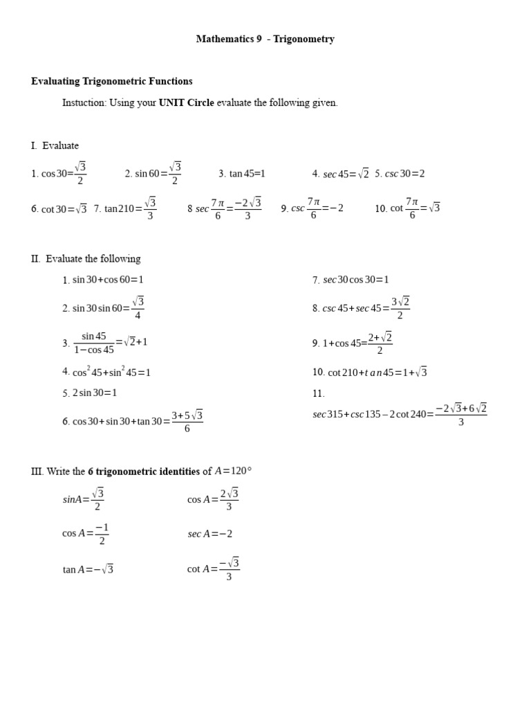Trigonometric Function Evaluations Guide | PDF | Trigonometry | Angle