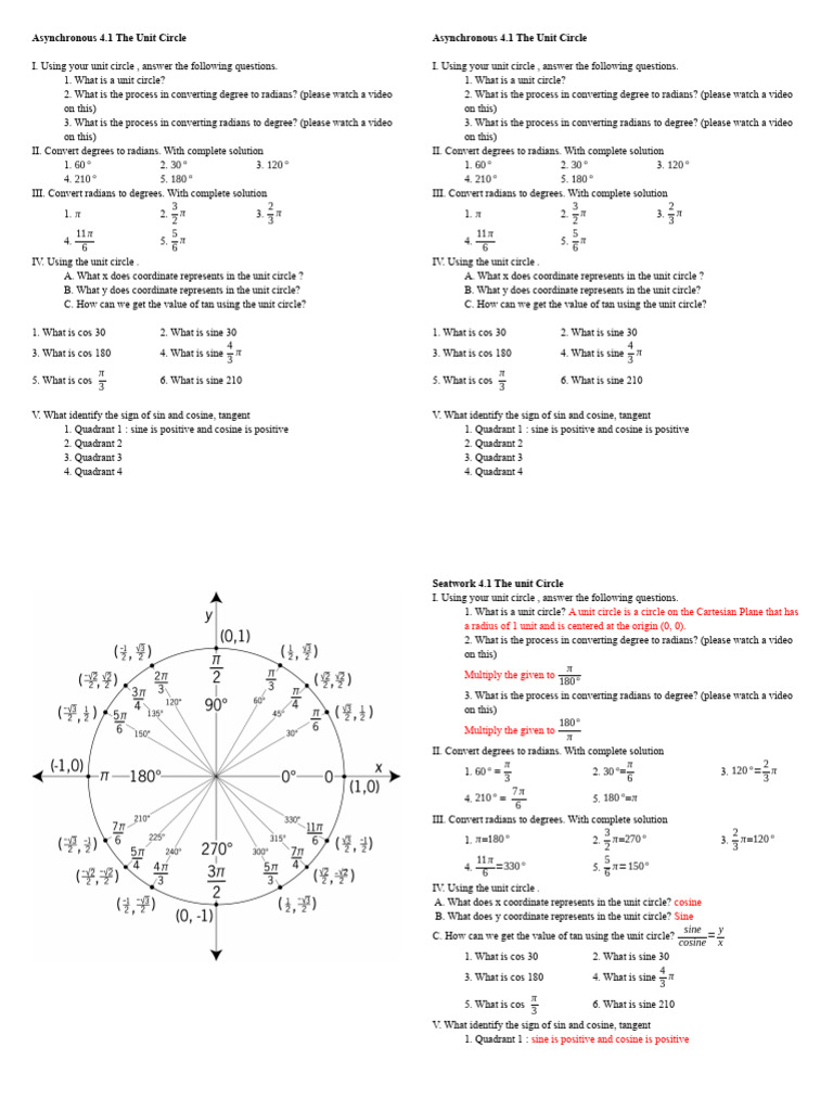 Seatwork 4.1 UNIT CIRCLE | PDF | Trigonometric Functions | Triangle ...
