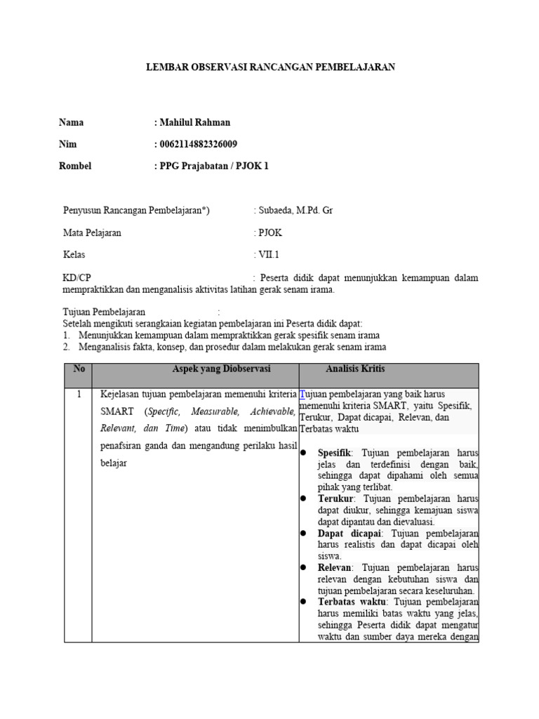 Topik 4 LK 3 - Lembar Observasi Rancangan Pembelajran Siklus 1 - Mahilul Rahman | PDF