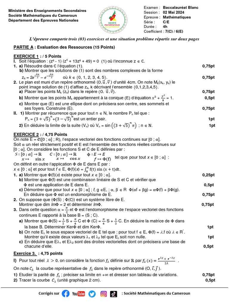 Bac C Blanc 2024 Ste Math Cameroun-3 | PDF | Coordonnées cartésiennes | Base (algèbre linéaire)