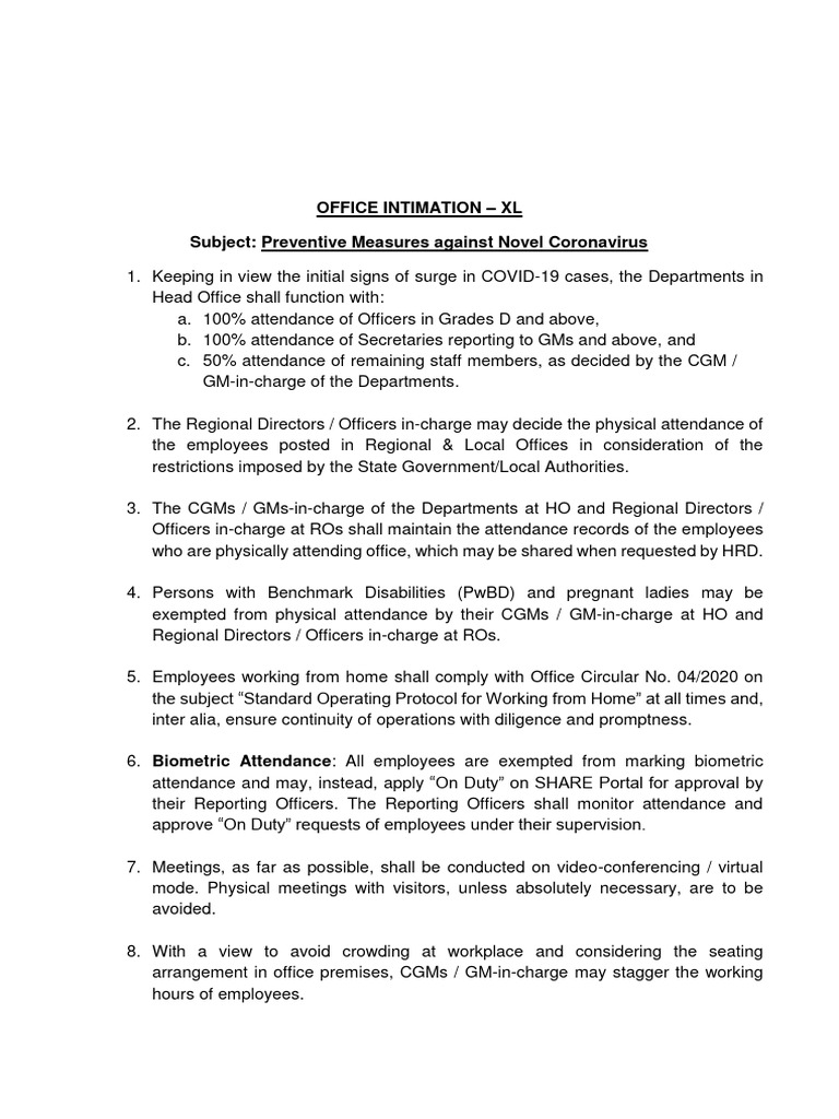 OFFICE INTIMATION - XL - Preventive Measures Against Novel Coronavirus ...