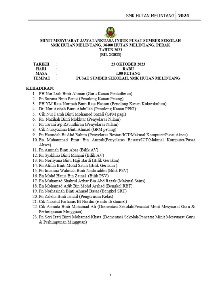 Minit Mesyuarat PSS 1 2023 | PDF