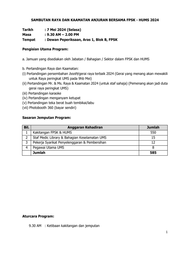 Sambutan Raya Kaamatan FPSK-HUMS 2024 | PDF