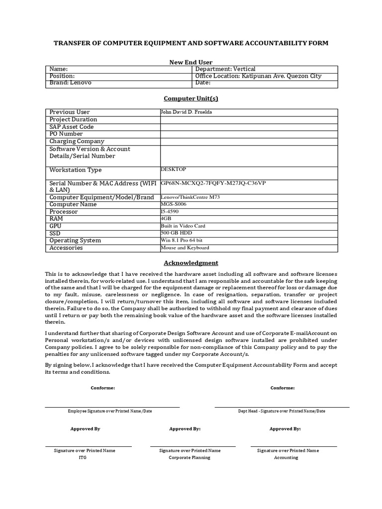 Transfer of Equipment - Accountability Form | Download Free PDF ...