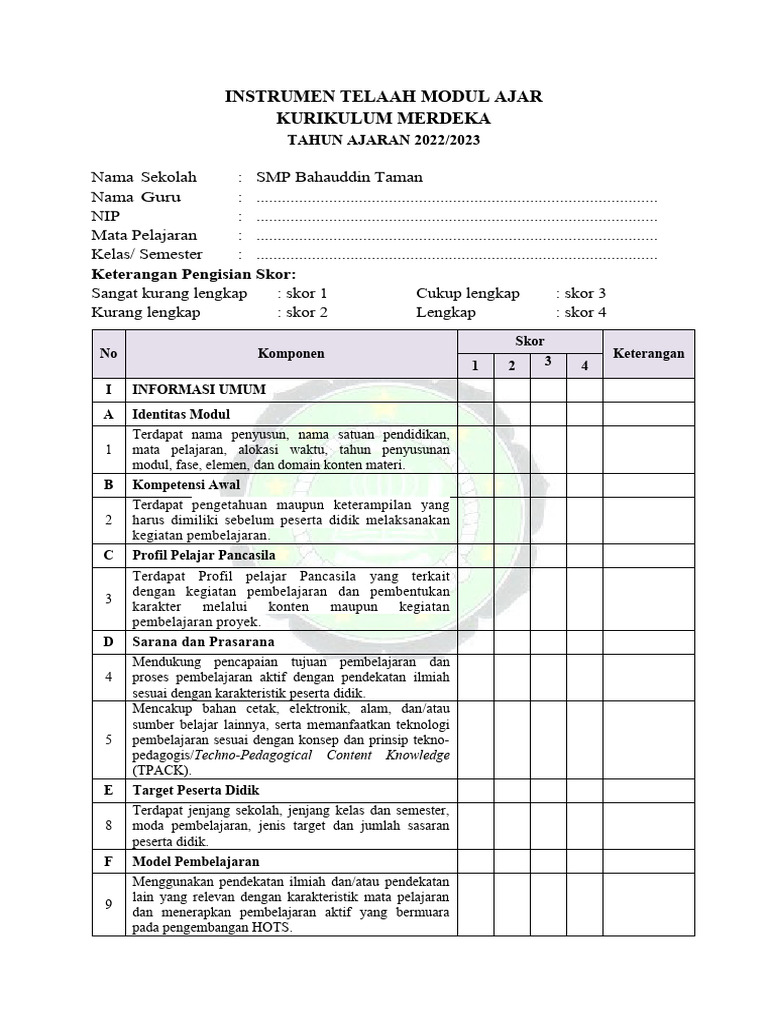 2 - KURMER - Inst Telaah Modul Ajar 22-23 | PDF