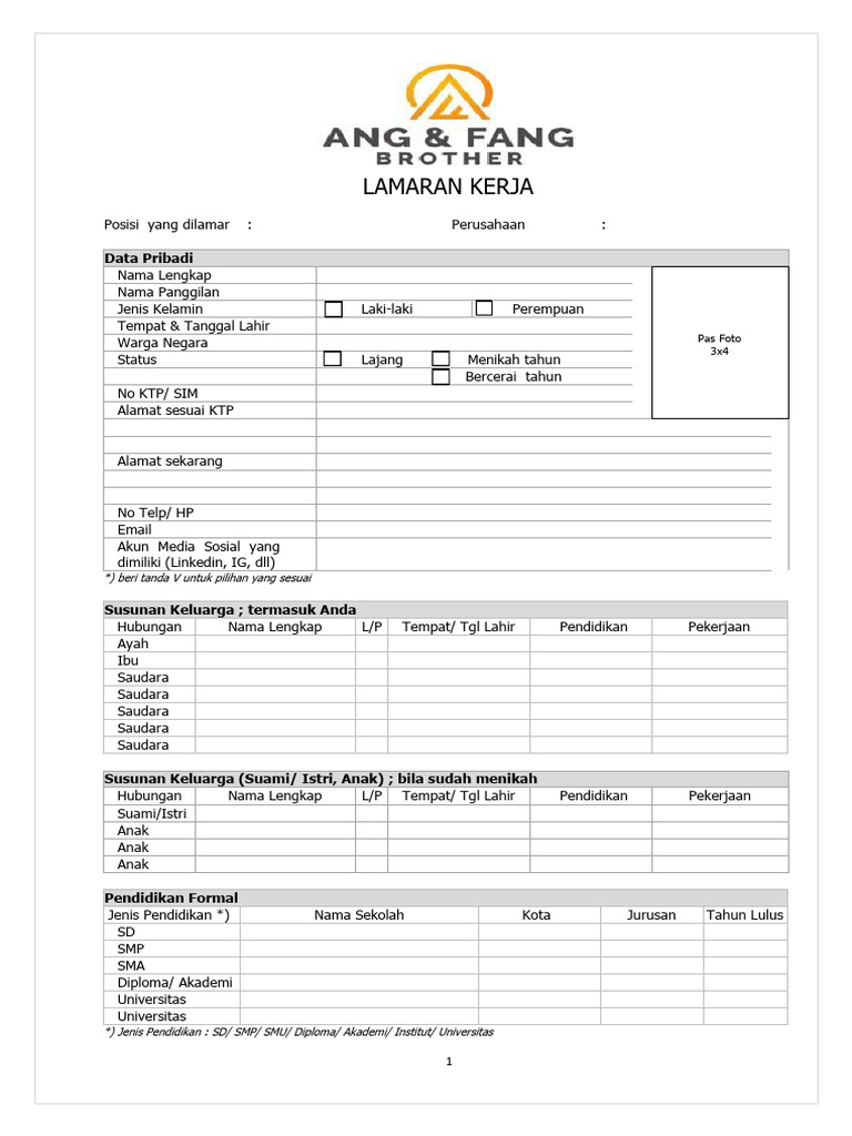 Form Lamaran Kerja PT Ang & Fang Brother | PDF