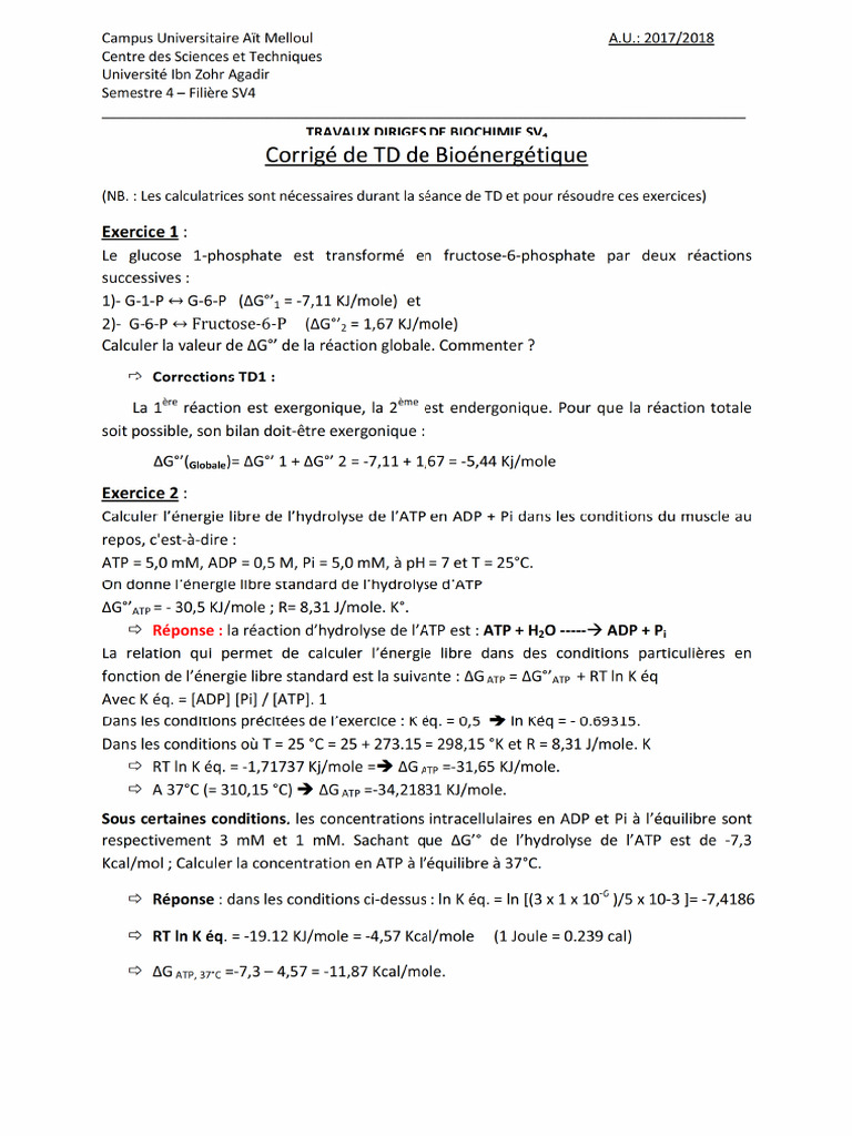 Corrections TD2 de Bioénergétique2 | PDF