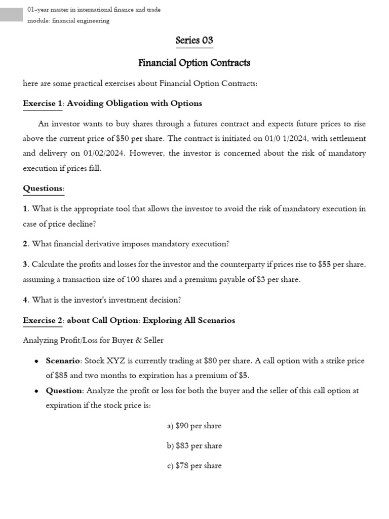 Finance & Trade Options Exercises | PDF | Option (Finance) | Put Option