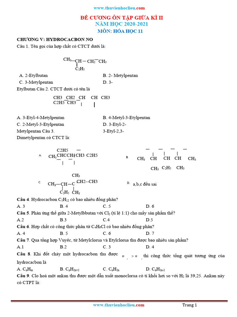 De Cuong On Tap Giua HK2 HOA 11 | PDF