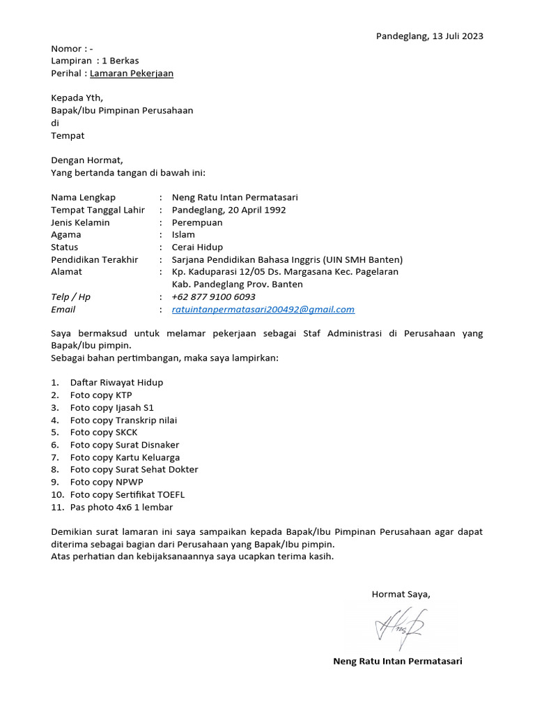 Lamaran Pekerjaan Neng Ratu Intan | PDF