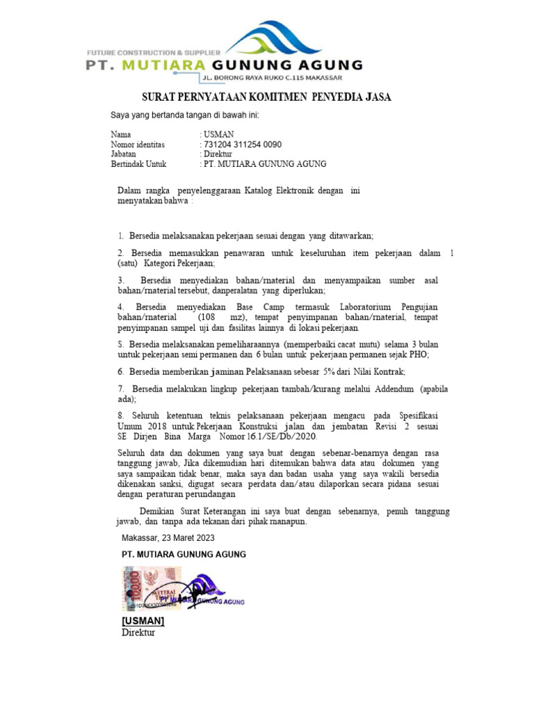 Surat Pernyataan Komitmen Penyedia Jasa: Saya Yang Bertanda Tangan Di ...