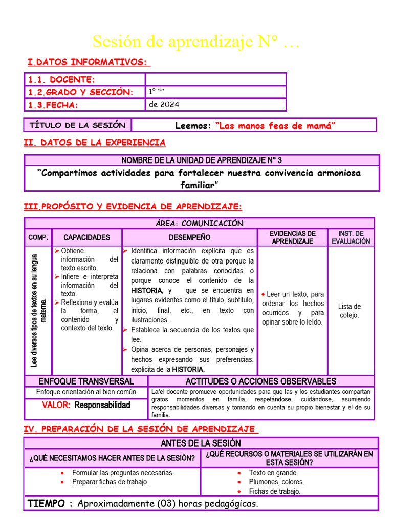 Sesión Leemos Juntos Las Manos Feas de Mamá Maestra Janet | PDF ...