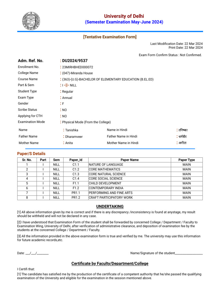 Examination Form 2023-24 | PDF | Educational Stages
