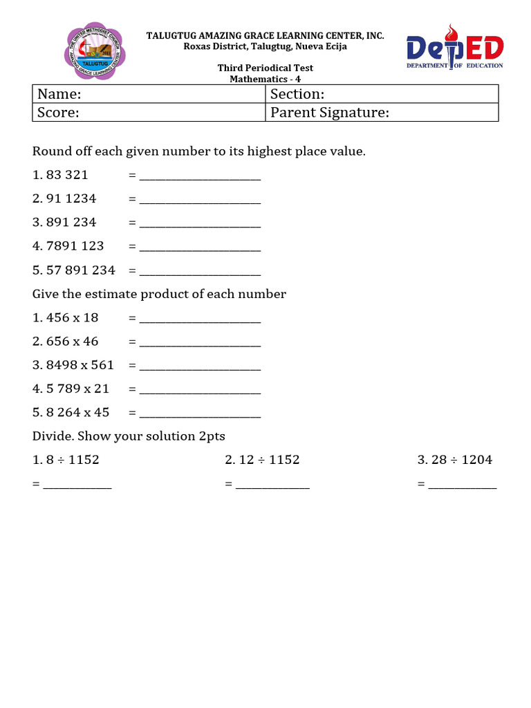 Grade 4 Math Test | PDF | Career & Growth | Teaching Methods & Materials