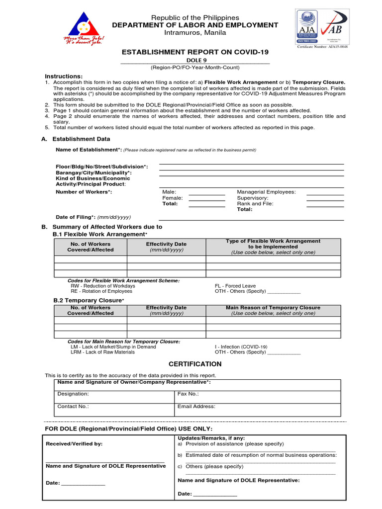 Establishment Report Form - COVID-19 - v2 | PDF | Employment ...