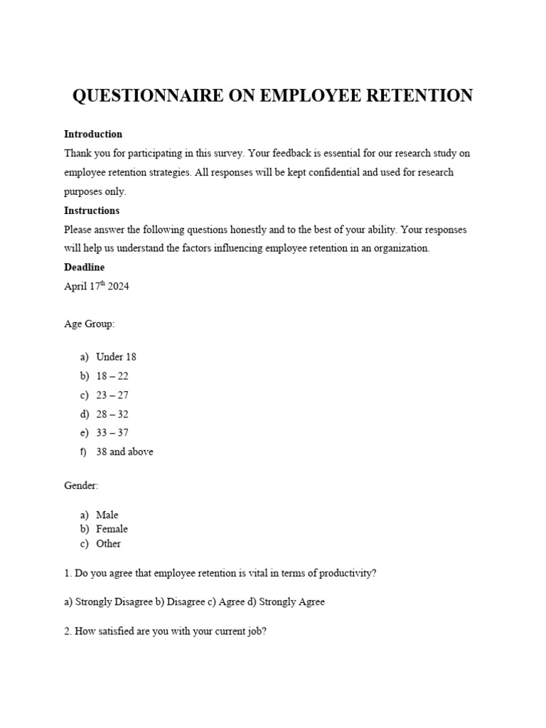 Questionnaire On Employee Retention | Download Free PDF | Employee ...