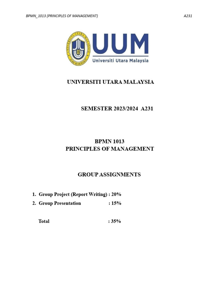 BPMN 1013 (A231) Group Assignment (Written Report and Presentation) | PDF | Organizational ...