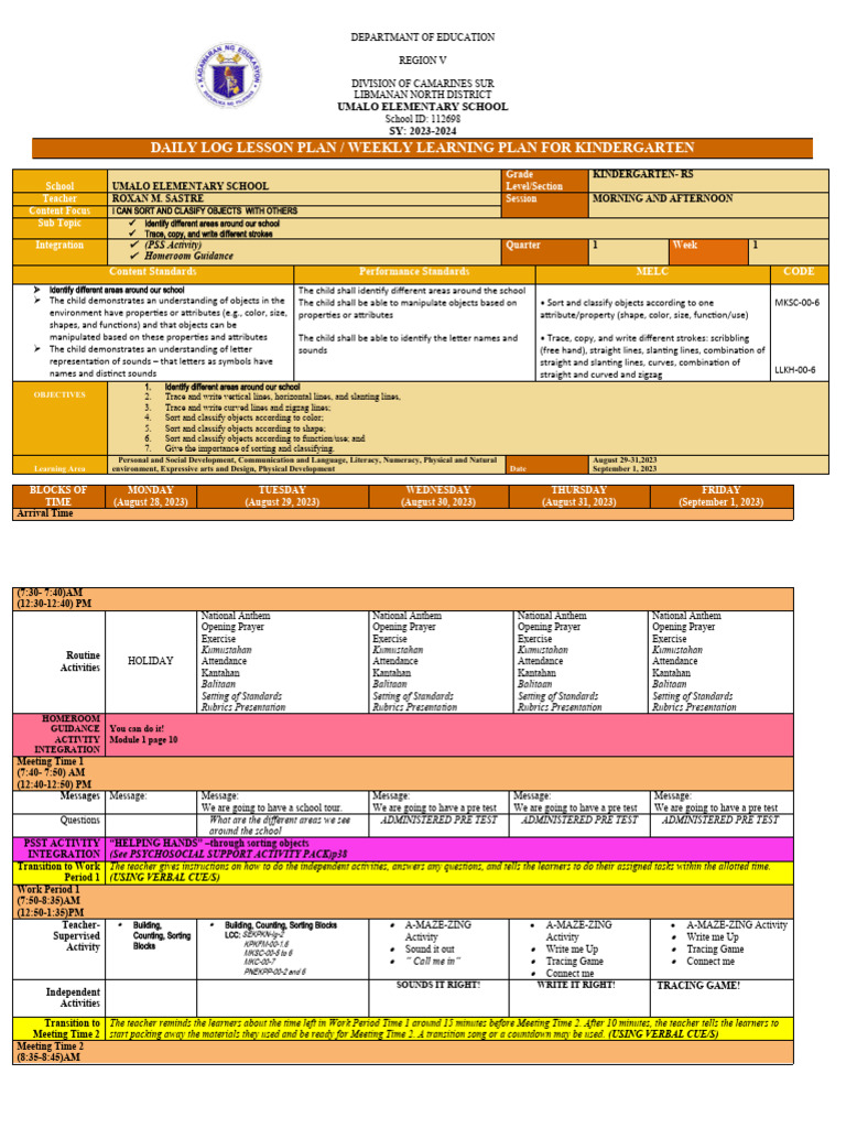Kindergarten Weekly Lesson Plan 2023-2024 | PDF | Learning | Cognition