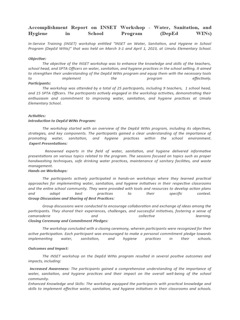 Accomplishment Wins | PDF | Sanitation | Wash