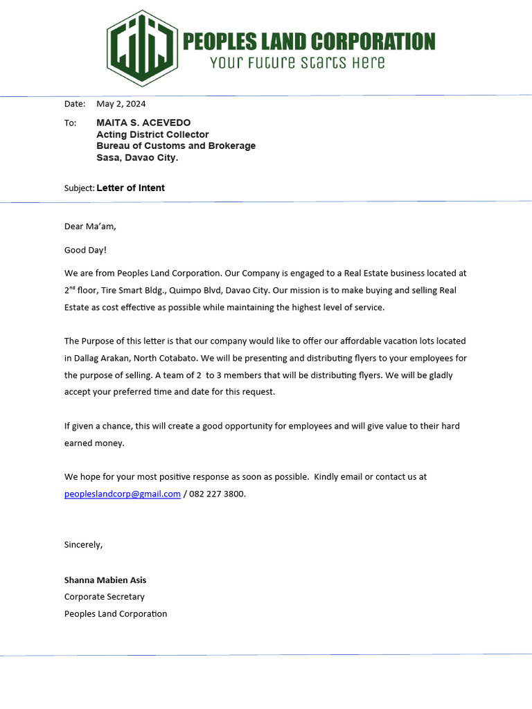 Letter of Intent Shan | PDF