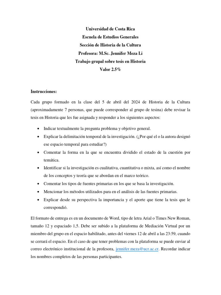 Instrucciones Trabajo Grupal Tesis en Historia | PDF