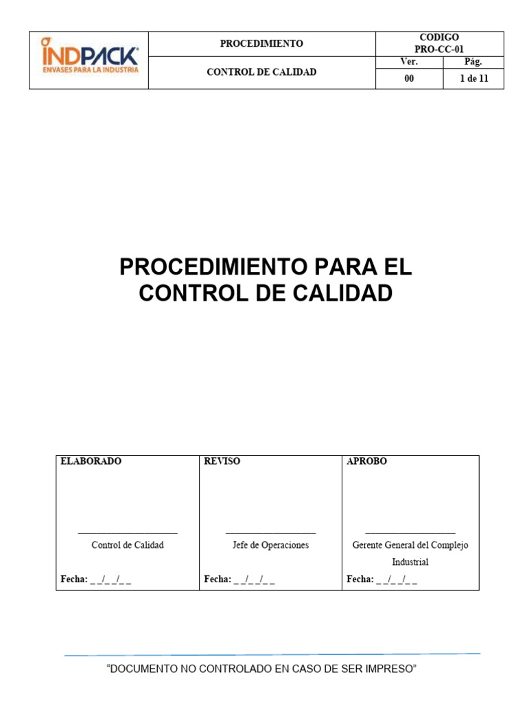 Procedimiento de Control de Calidad | PDF | Calidad (comercial) | Producción y fabricación