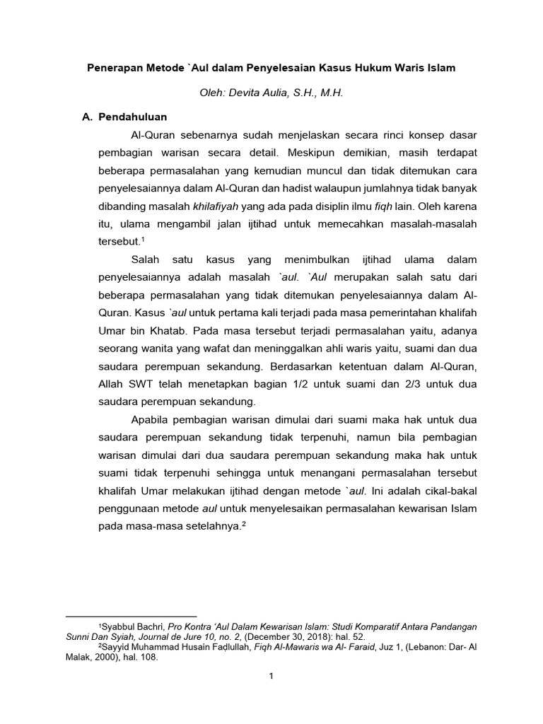 Penerapan Metode 'Aul Dalam Penyelesaian Kasus Hukum Waris Islam | PDF