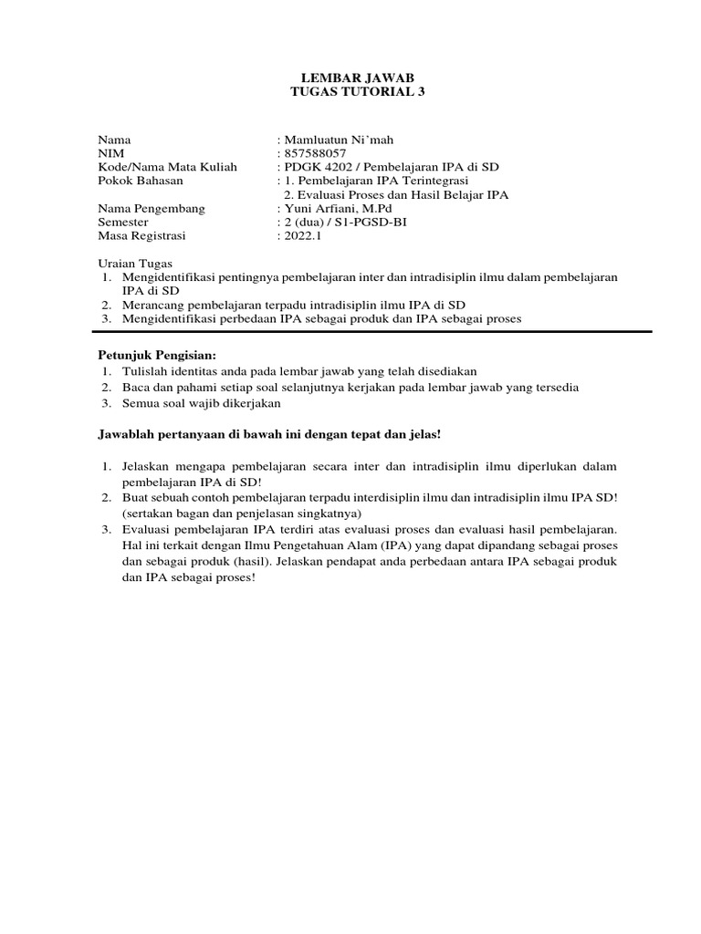 Lembar Tugas Tutorial 3 | PDF | Karier & Perkembangan