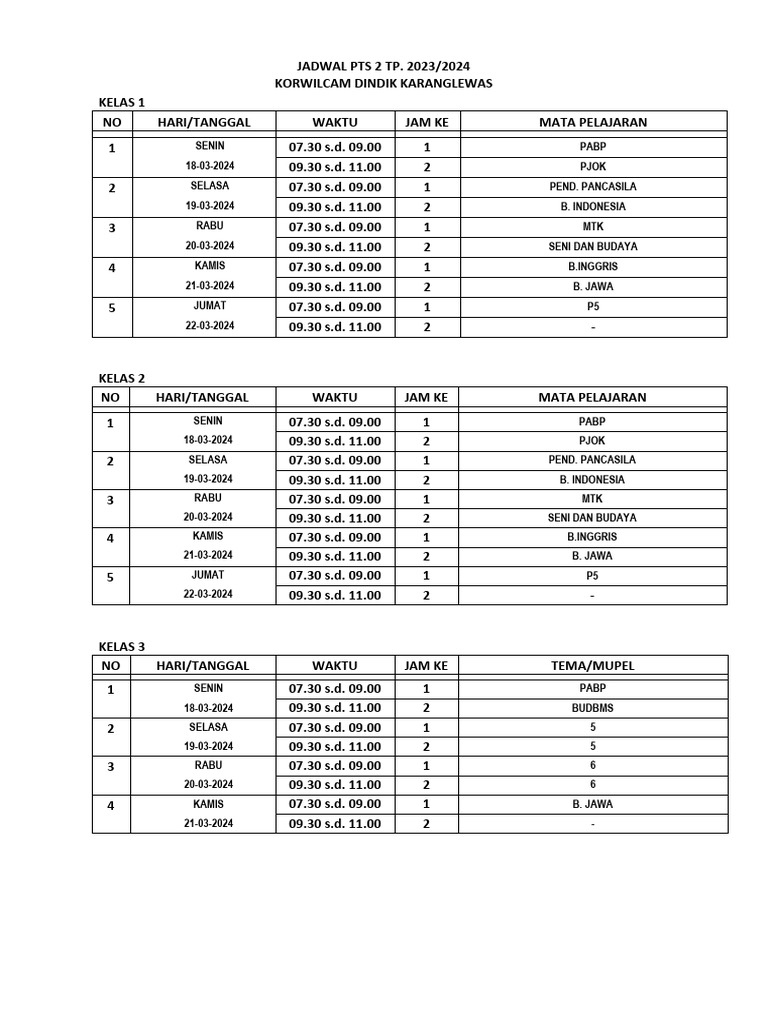 Jadwal PTS 2 Tp. 2023-2024 | PDF