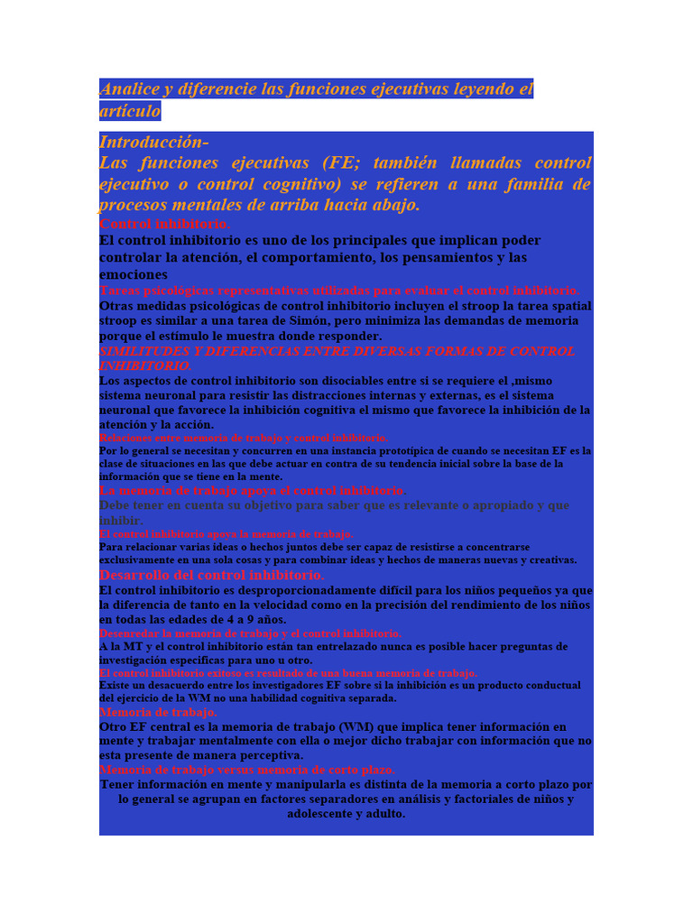 Funciones Ejecutivas y Control Inhibitorio | PDF | Memoria | Memoria de ...