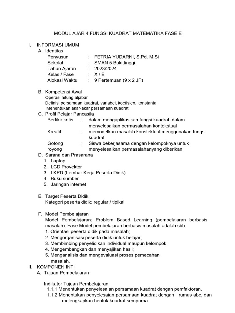 Modul Ajar Fungsi Kuadrat Kelas X | PDF | Seni