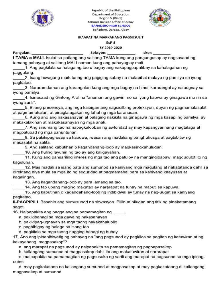 2019-20 4th PT in EsP 8 | PDF
