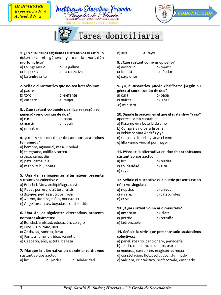 U6 s3 Tarea Domiciliaria Comunicación El Sustantivo. | PDF | Mecánica del lenguaje | Unidades ...